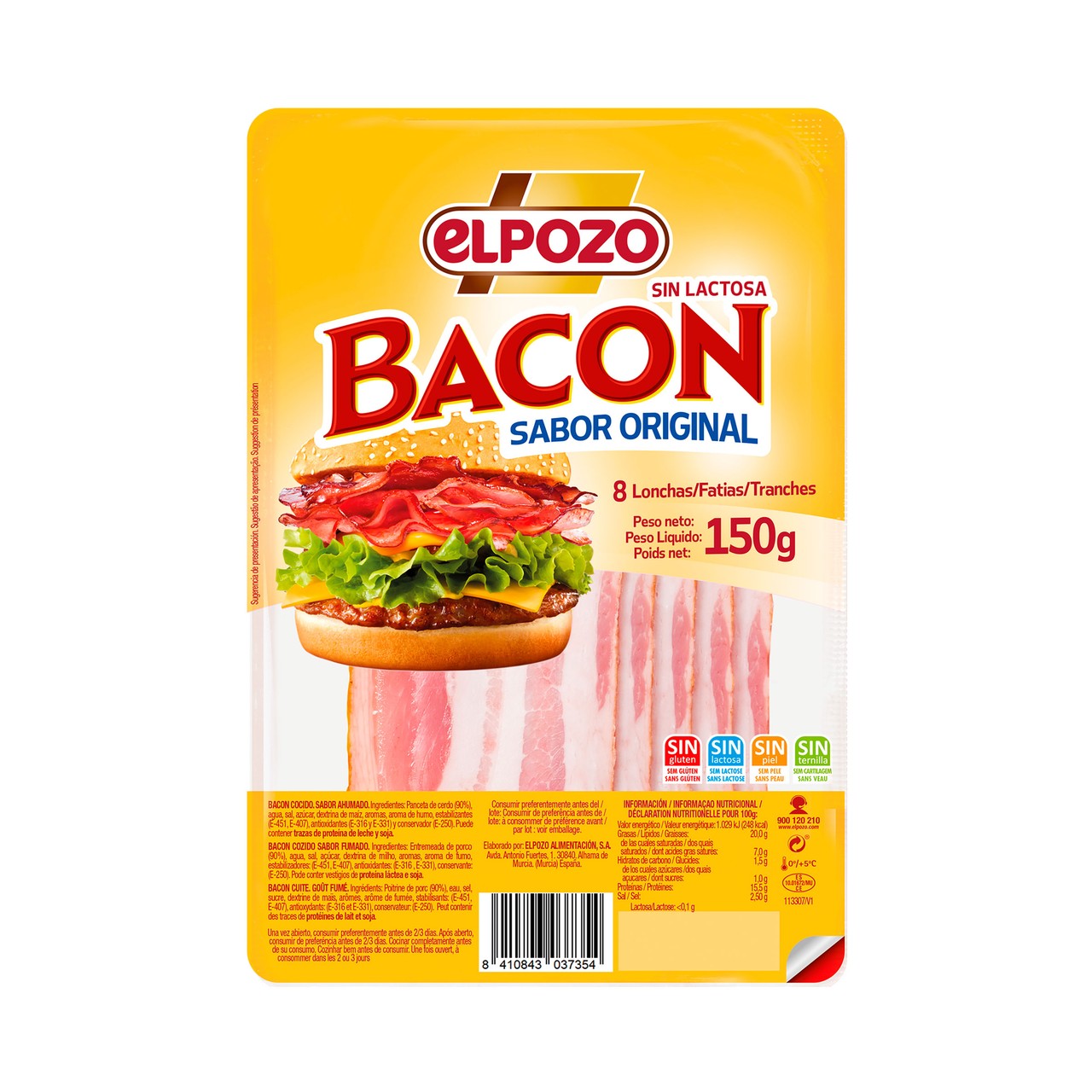 EL POZO King upp Bacon cocido sabor ahumado, sin lactosa y sin gluten, cortado en finas lonchas ...