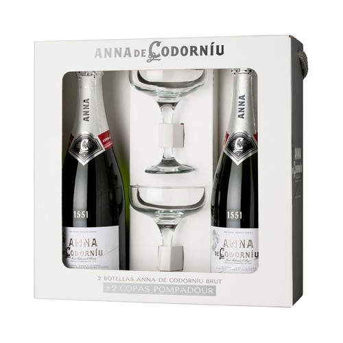 ANNA DE CODORNIU Estuche de 2 botella de cava brut + 2 copas Pompadour ...