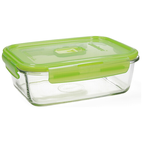 Tupper hermético de vidrio rectangular con tapa de clip color verde y ...