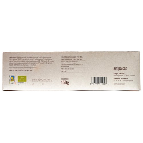 ARTIPA Bio´s Turrón ecológico de chocolate crujiente, sin azúcares ni ...
