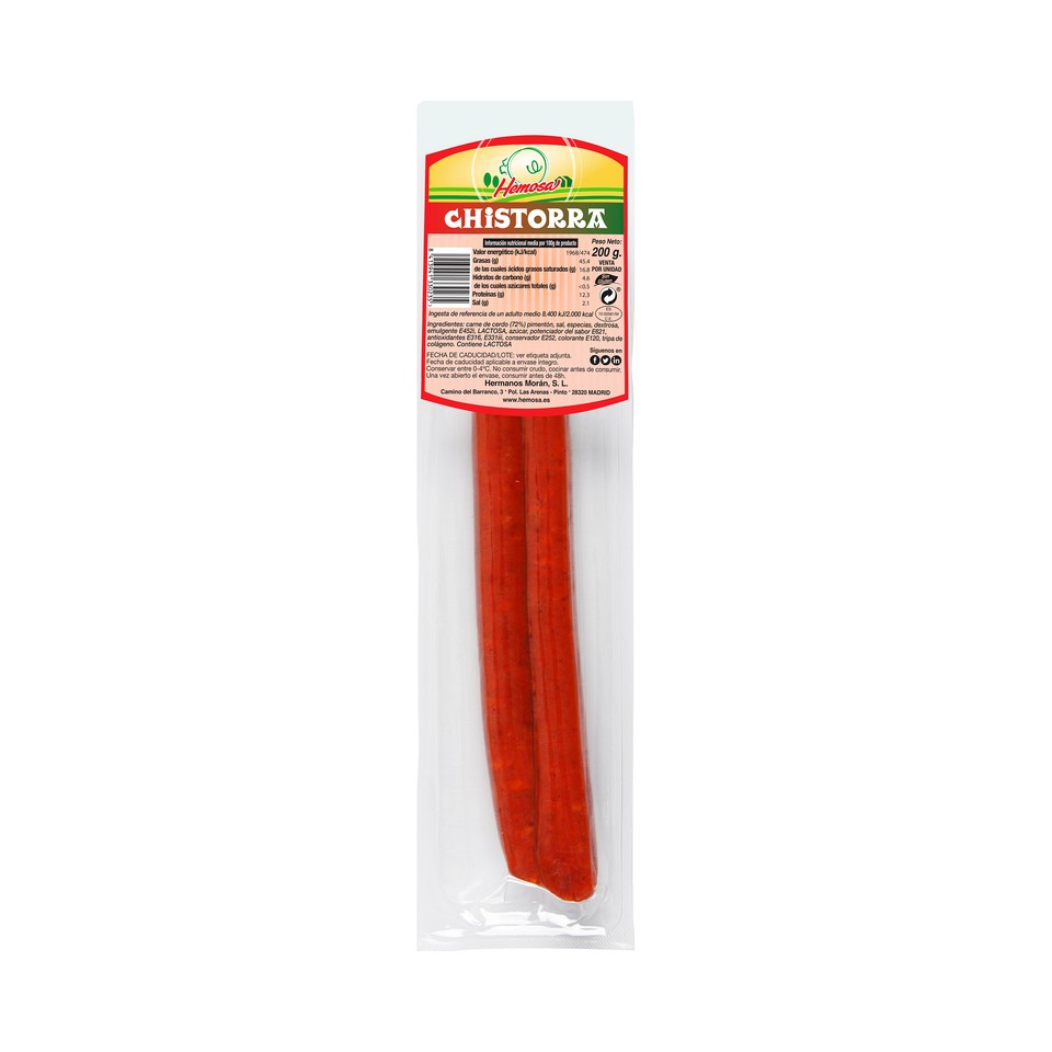 Chistorra roja, elaborada sin gluten y envasada al vacio HEMOSA 200 g ...