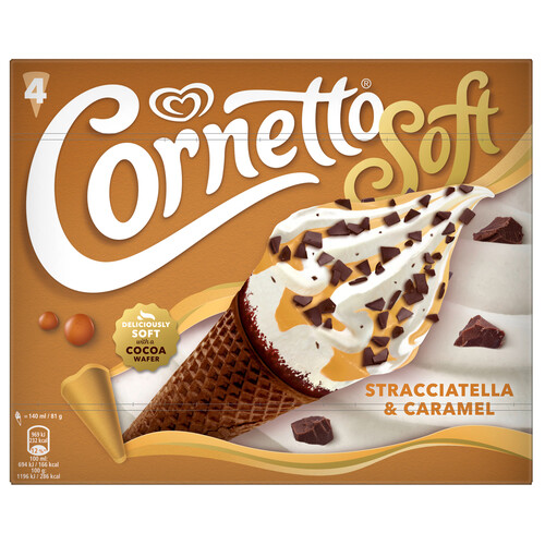 CORNETTO Soft de Frigo Conos de helado de vainilla, stracciatella y caramelo 4 x 140 ml ...