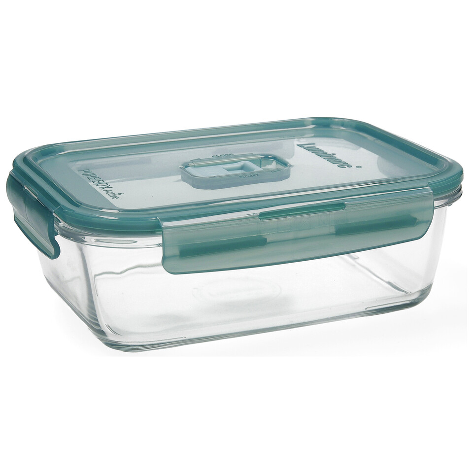 Tupper hermético de vidrio rectangular con tapa de clip color azul y ...