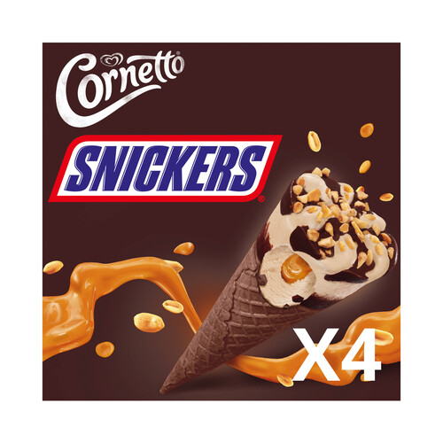 CORNETTO Conos de helado de cacahuete recubierto de chocolate y con salsa de caramelo 4 x 90 ml ...