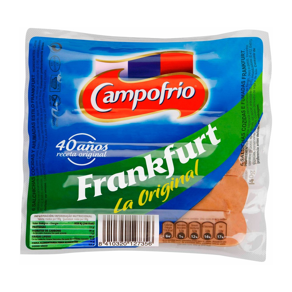 CAMPOFRÍO Salchichas cocidas tipo Frankfurt, de pollo y cerdo y ...