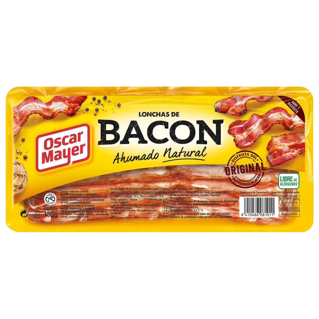 OSCAR MAYER Bacon ahumado con humo de madera de haya, sin gluten y cortado en lonchas OSCAR ...